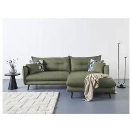 Ecksofa Inosign "Lazio" Sofas Gr. B/H/T: 255cm x 94cm x 180cm, Struktur fein, Recamiere rechts, grün (grün, zierkissen blumenmuster) zwei verschiedene Fußfarben wählbar