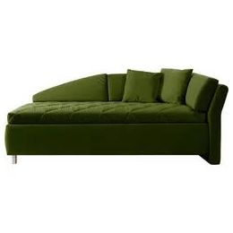 Schlafsofa Alina "Lindsay" Sofas Gr. B/H/T: 223cm x 80cm x 112cm, Samtstoff TSV, Armlehne rechts, Armlehne rechts, grün (olivgrün tsv 23) Bettkasten, Zierkissen-Set aus: 2 Stk. 40x40cm, 1 30x30cm