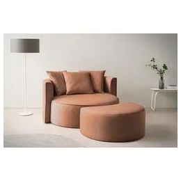 XXL-Sessel LeGer Home by Lena Gercke "Isalie, Rundsessel mit Hocker, Lesesessel, Loveseat, Big-Sessel" Sessel Gr. Samtoptik, B/H/T: 153cm x 98cm x 208cm, braun (rostfarben) trendige Stoffe, mit 3 Zierkissen, große Sitzfläche