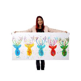 MCW Wandbild Hirsche II, 100% handgemaltes &Ouml;lgem&auml;lde Gem&auml;lde XL, 140x70cm