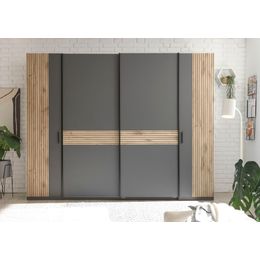 Kleiderschrank Schlafkontor "Daria Drehtürenschrank, Schwebetürenschrank, Schiebetürenschrank" Schränke Gr. B/H/T: 267 cm x 210 cm x 60,4 cm, 4 St., grau (graphit, viking oak hell) Absetzung in Viking Oak heller Rillenoptik