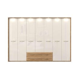 Kleiderschrank Home Affaire "Gala", beige (beige, pacific walnut), B:317cm H:224cm T:56cm, Spanplatte, MDF, Schränke, UV lackiert, kratzfest, hochglänzend, mit Beleuchtung