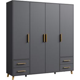 Drehtürenschrank Rauch "Kleiderschrank Schrank Garderobe Wäscheschrank SHINJO" Schränke Gr. B/H/T: 187 cm x 203 cm x 53 cm, 4 St., grau (graumetallic) Griffe und Füße aus Massivholz mit 2 Schubladen MADE IN GERMANY