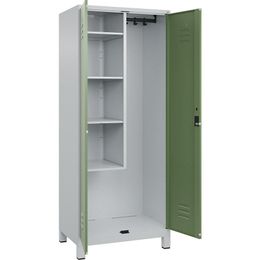 C+P Putzmittelspind Classic PLUS, 1 Abteil, Trennwand mittig, verkürzt, lichtgrau / resedagrün, B 800 mm, mit Füßen, Zylinderschloss
