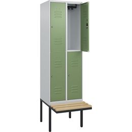 C+P Doppelstock-Spind Classic PLUS Sitzbank, 2 Abteile, lichtgrau / resedagrün, B 600 mm, Zylinderschloss, auskragend, Buche-Hartholz