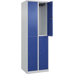 C+P Doppelstock-Spind Classic PLUS, 2 Abteile, lichtgrau / enzianblau, HxB 1850 x 600 mm, mit Bodengleitern, Zylinderschloss