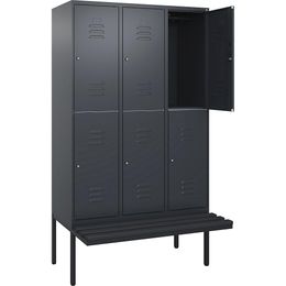 C+P Doppelstock-Spind Classic PLUS Sitzbank, 3 Abteile, grau, B 1200 mm, Zylinderschloss, auskragend, Kunststoff