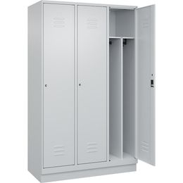C+P Schwarz-Weiß-Spind Classic PLUS, schmal, 3 Abteile, Trennwand verkürzt, lichtgrau, B 1200 mm, mit Bodensockel, Zylinderschloss, Trennwand mittig