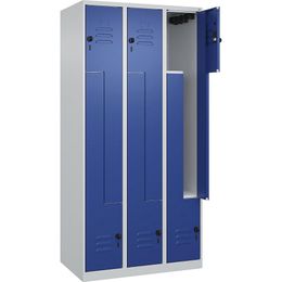 C+P Z-Spind Classic PLUS, 3 Abteile, lichtgrau / enzianblau, B 900 mm, mit Bodengleitern, Drehriegel