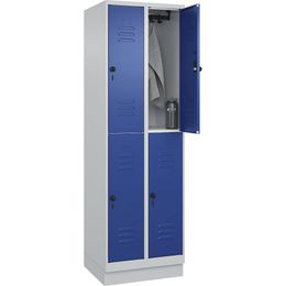 C+P Doppelstock-Spind Classic PLUS, 2 Abteile, lichtgrau / enzianblau, HxB 1950 x 600 mm, mit Bodensockel, Drehriegel