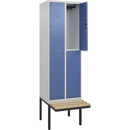 C+P Doppelstock-Spind Classic PLUS Sitzbank, 2 Abteile, lichtgrau / fernblau, B 600 mm, Zylinderschloss, auskragend, Buche-Hartholz