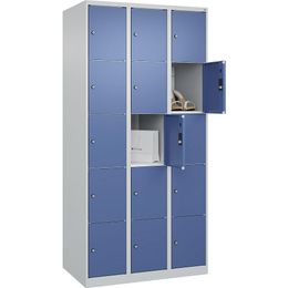 C+P 5er-Schließfachschrank Classic PLUS, 3 Abteile, lichtgrau / fernblau, B 900 mm, 15 Fächer, mit Bodengleitern