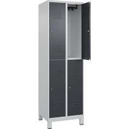 C+P Doppelstock-Spind Classic PLUS, 2 Abteile, lichtgrau / grau, HxB 1950 x 600 mm, mit Füßen, Zylinderschloss