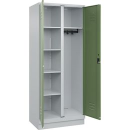 C+P Putzmittelspind Classic PLUS, 1 Abteil, Trennwand mittig, lichtgrau / resedagrün, B 800 mm, mit Bodensockel, Zylinderschloss