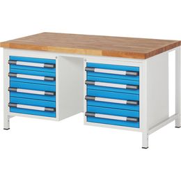 eurokraft pro Werkbank, Gestellbauweise Serie 8000, 12 Schubladen: 8 x 120, 4 x 150 mm, BxT 1500 x 900 mm