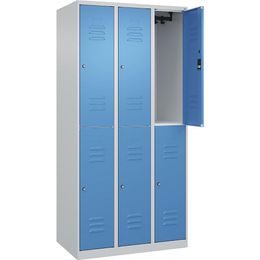 C+P Doppelstock-Spind Classic PLUS, 3 Abteile, lichtgrau / lichtblau, HxB 1850 x 900 mm, mit Bodengleitern, Zylinderschloss