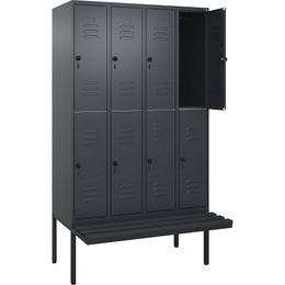 C+P Doppelstock-Spind Classic PLUS Sitzbank, 4 Abteile, grau, B 1200 mm, Sicherheits-Drehriegel, auskragend, Kunststoff