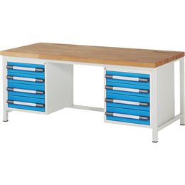 eurokraft pro Werkbank, Gestellbauweise Serie 8000, 12 Schubladen: 8 x 120, 4 x 150 mm, BxT 2000 x 900 mm