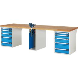 eurokraft pro Werkbank, Baukastensystem Serie 7000, 10 Schubladen, 1 Schraubstock mittig, BxT 3000 x 900 mm