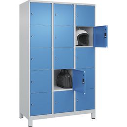 C+P 5er-Schließfachschrank Classic PLUS, 3 Abteile, lichtgrau / lichtblau, B 1200 mm, 15 Fächer, mit Füßen