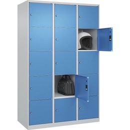 C+P 5er-Schließfachschrank Classic PLUS, 3 Abteile, lichtgrau / lichtblau, B 1200 mm, 15 Fächer, mit Bodengleitern