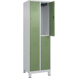 C+P Doppelstock-Spind Classic PLUS, 2 Abteile, lichtgrau / resedagrün, HxB 1950 x 600 mm, mit Füßen, Zylinderschloss