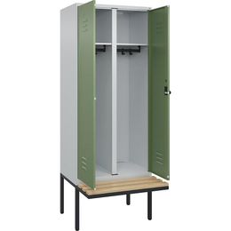 C+P Schwarz-Weiß-Spind Classic PLUS Sitzbank, 1 Abteil, lichtgrau / resedagrün, B 800 mm, Sicherheits-Drehriegel, auskragend, Buche-Hartholz