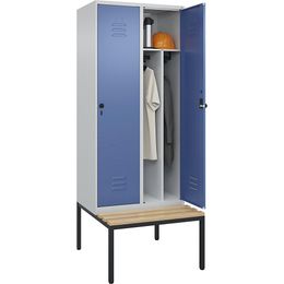 C+P Schwarz-Weiß-Spind Classic PLUS Sitzbank, schmal, 2 Abteile, Trennwand verkürzt, lichtgrau / fernblau, B 800 mm, Sicherheits-Drehriegel, untergebaut, Buche-Hartholz