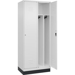 C+P Schwarz-Weiß-Spind Classic PLUS, schmal, 2 Abteile, Trennwand verkürzt, verkehrsweiß, B 800 mm, mit Bodensockel, Zylinderschloss, Trennwand mittig