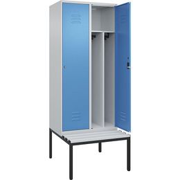 C+P Schwarz-Weiß-Spind Classic PLUS Sitzbank, schmal, 2 Abteile, Trennwand verkürzt, lichtgrau / lichtblau, B 800 mm, Zylinderschloss, untergebaut, Kunststoff