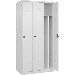 C+P Schwarz-Weiß-Spind Classic PLUS, schmal, 3 Abteile, Trennwand verkürzt, verkehrsweiß, B 900 mm, mit Bodengleitern, Drehriegel, Trennwand mittig