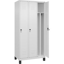 C+P Schwarz-Weiß-Spind Classic PLUS, schmal, 3 Abteile, Trennwand verkürzt, verkehrsweiß, B 900 mm, mit Füßen, Drehriegel, Trennwand mittig