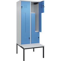 C+P Z-Spind Classic PLUS Sitzbank, 2 Abteile, lichtgrau / lichtblau, B 800 mm, Sicherheits-Drehriegel, untergebaut, Kunststoff