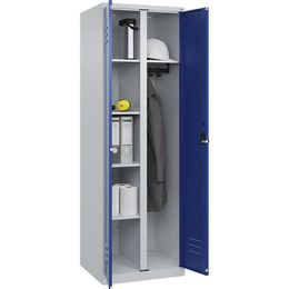 C+P Putzmittelspind Classic PLUS, 1 Abteil, Trennwand mittig, lichtgrau / enzianblau, B 600 mm, mit Bodengleitern, Drehriegel