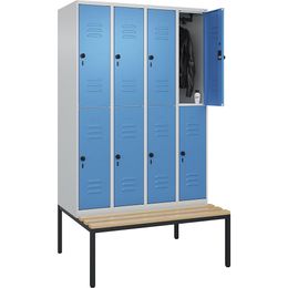C+P Doppelstock-Spind Classic PLUS Sitzbank, 4 Abteile, lichtgrau / lichtblau, B 1200 mm, Sicherheits-Drehriegel, untergebaut, Buche-Hartholz