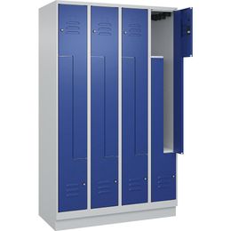 C+P Z-Spind Classic PLUS, 4 Abteile, lichtgrau / enzianblau, B 1200 mm, mit Bodensockel, Zylinderschloss