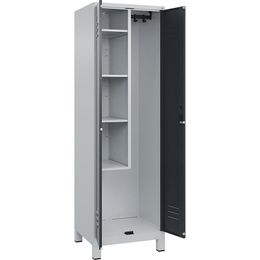 C+P Putzmittelspind Classic PLUS, 1 Abteil, Trennwand mittig, verkürzt, lichtgrau / grau, B 600 mm, mit Füßen, Zylinderschloss