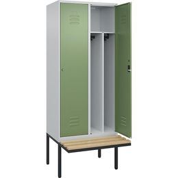 C+P Schwarz-Weiß-Spind Classic PLUS Sitzbank, schmal, 2 Abteile, Trennwand verkürzt, lichtgrau / resedagrün, B 800 mm, Zylinderschloss, auskragend, Buche-Hartholz