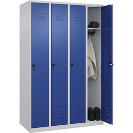 C+P Spind Classic PLUS, 4 Abteile, lichtgrau / enzianblau, B 1200 mm, mit Bodengleitern, Zylinderschloss