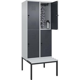 C+P Doppelstock-Spind Classic PLUS Sitzbank, 2 Abteile, lichtgrau / grau, B 800 mm, Sicherheits-Drehriegel, untergebaut, Kunststoff