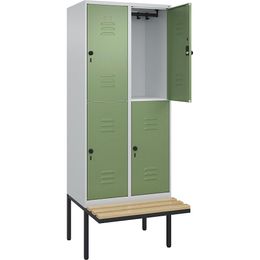 C+P Doppelstock-Spind Classic PLUS Sitzbank, 2 Abteile, lichtgrau / resedagrün, B 800 mm, Sicherheits-Drehriegel, auskragend, Buche-Hartholz
