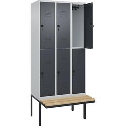 C+P Doppelstock-Spind Classic PLUS Sitzbank, 3 Abteile, lichtgrau / grau, B 900 mm, Sicherheits-Drehriegel, auskragend, Buche-Hartholz