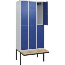 C+P Doppelstock-Spind Classic PLUS Sitzbank, 3 Abteile, lichtgrau / enzianblau, B 900 mm, Zylinderschloss, auskragend, Buche-Hartholz