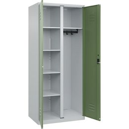 C+P Putzmittelspind Classic PLUS, 1 Abteil, Trennwand mittig, lichtgrau / resedagrün, B 800 mm, mit Bodengleitern, Zylinderschloss