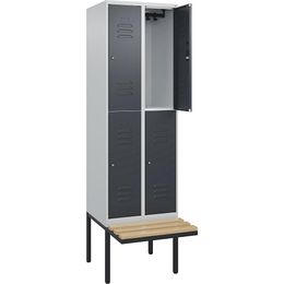 C+P Doppelstock-Spind Classic PLUS Sitzbank, 2 Abteile, lichtgrau / grau, B 600 mm, Zylinderschloss, auskragend, Buche-Hartholz