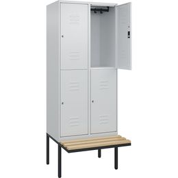 C+P Doppelstock-Spind Classic PLUS Sitzbank, 2 Abteile, lichtgrau, B 800 mm, Zylinderschloss, auskragend, Buche-Hartholz