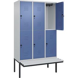 C+P Doppelstock-Spind Classic PLUS Sitzbank, 3 Abteile, lichtgrau / fernblau, B 1200 mm, Sicherheits-Drehriegel, auskragend, Kunststoff