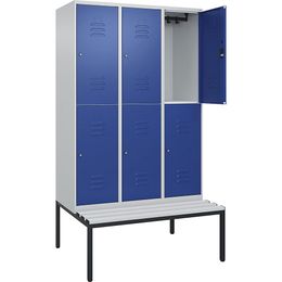 C+P Doppelstock-Spind Classic PLUS Sitzbank, 3 Abteile, lichtgrau / enzianblau, B 1200 mm, Zylinderschloss, untergebaut, Kunststoff