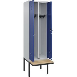 C+P Schwarz-Weiß-Spind Classic PLUS Sitzbank, 1 Abteil, lichtgrau / enzianblau, B 600 mm, Sicherheits-Drehriegel, auskragend, Buche-Hartholz