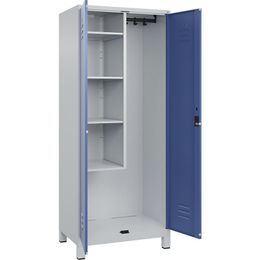C+P Putzmittelspind Classic PLUS, 1 Abteil, Trennwand mittig, verkürzt, lichtgrau / fernblau, B 800 mm, mit Füßen, Zylinderschloss